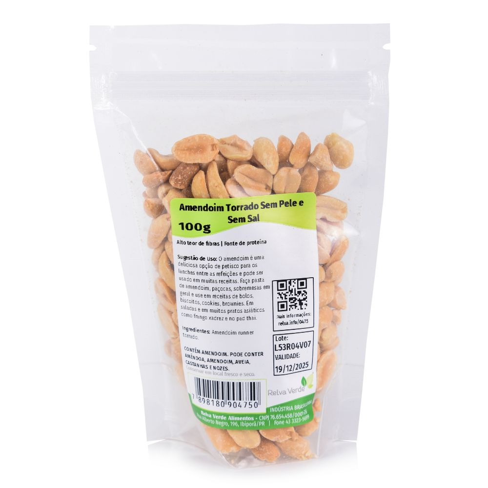 Amendoim Torrado Sem Pele e Sem Sal 100g