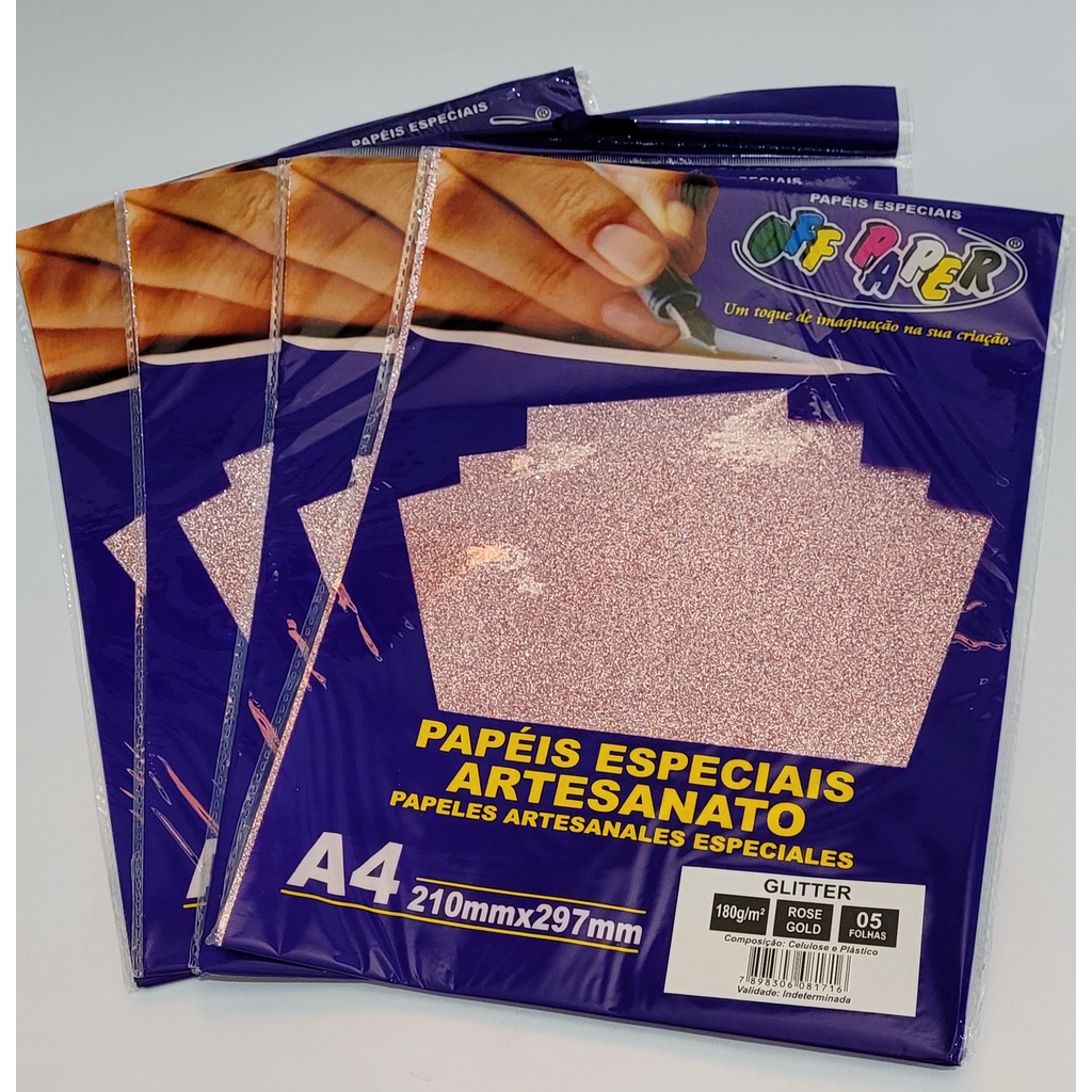 Papel Glitter Rose Gold A4 180G 5 Fls - Off Paper - Lavoro Papéis