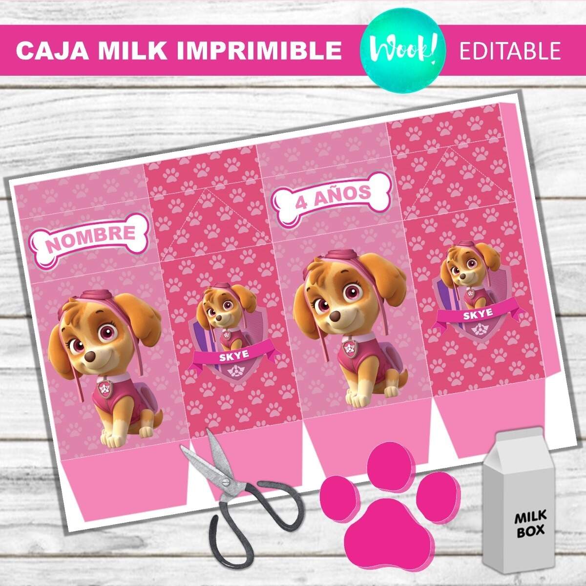 Caja Milk Box Imprimible Editable Skye Paw Patrol Rosa