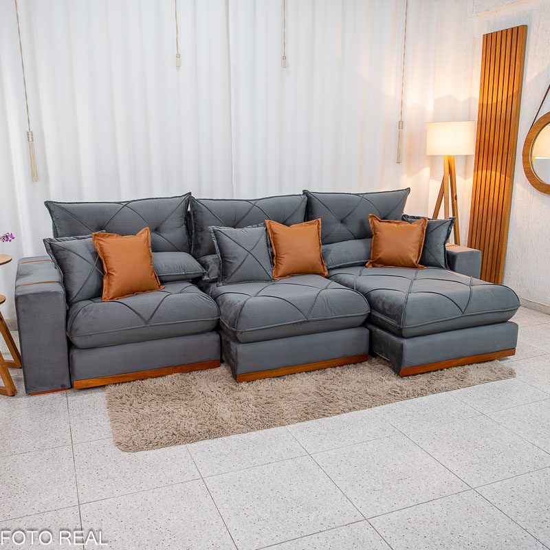 Sofá Retrátil Reclinável Gran Bello 3.20m Veludo Cinza - Molas Ensacadas - Distribuidora de ...