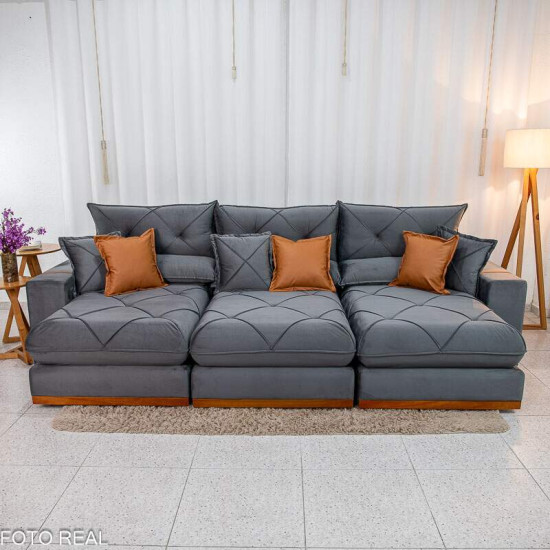Sofá Retrátil Reclinável Gran Bello 3.20m Veludo Cinza - Molas Ensacadas - Distribuidora de ...