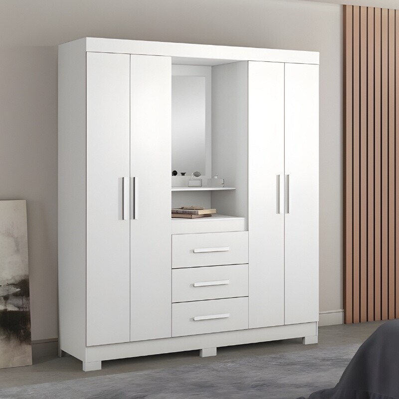 Roupeiro Solteiro NT 5015 Larg. 1.61m Branco/Rosa 4 portas 3 Gavetas ...