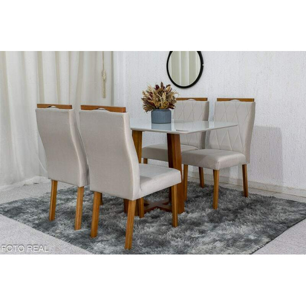 Mesa de Jantar Pedro Mel Vidro Off 120×80 4 Cadeiras Lisboa Veludo Bege ...