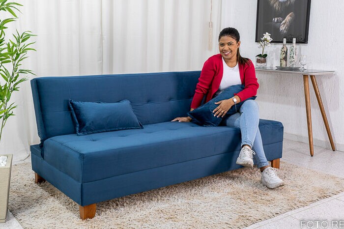 Sofá 4 lugares e Sofá Cama Casal Arpoador Veludo Azul 3040/07 - Nossos Móveis