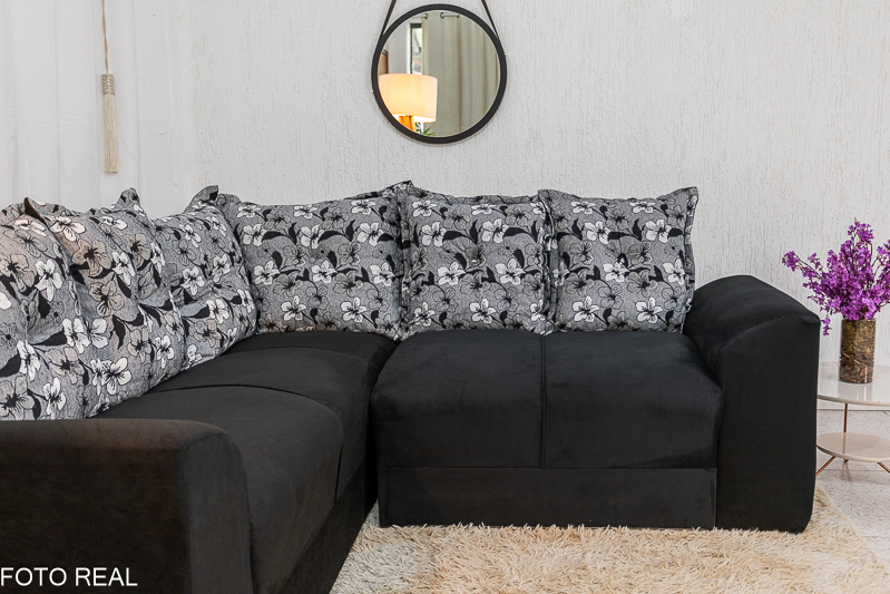 Sofá Canto 5 lugares Belo Veludinho Preto Com Floral 601/37 - Nossos Móveis