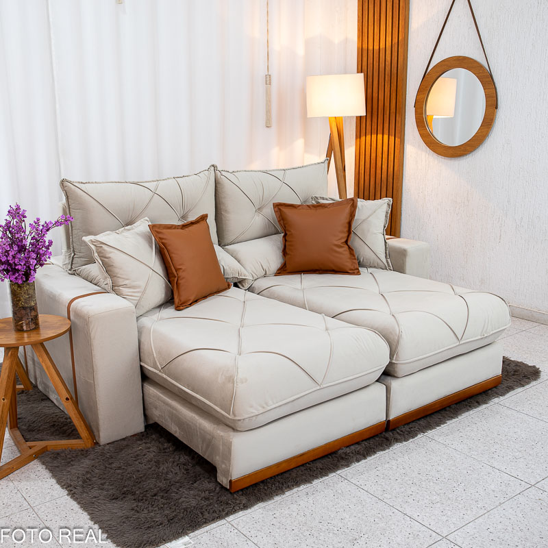 Sofá Retrátil Reclinável Gran Bello 2.00m Veludo Bege - Molas Ensacadas Pocket - Nossos Móveis