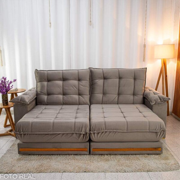 Sofá Retrátil Reclinável Barcelona 2.50m Veludo Cinza 319 - D33 e Molas Ensacadas - Nossos Móveis