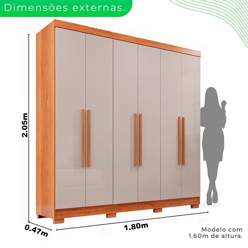 Roupeiro Casal Recife Cinamomo/Off 6 Portas C/Pés Larg. 1.80m - Sallêto ...