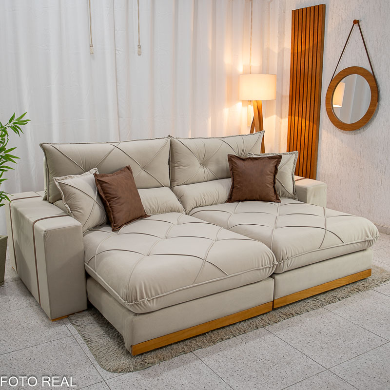Sofá Retrátil Reclinável Gran Bello 2.50m Veludo Bege Claro - Molas Ensacadas Pocket - Nossos Móveis