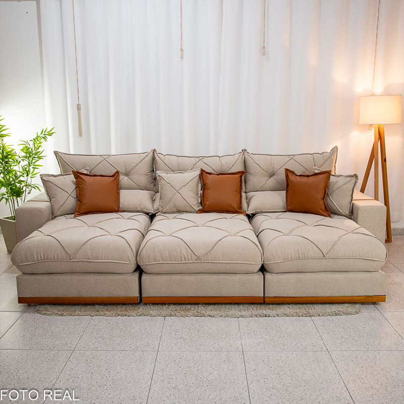 Sofá Retrátil Reclinável Gran Bello 3.20m Linho Bege - Molas Ensacadas - Nossos Móveis