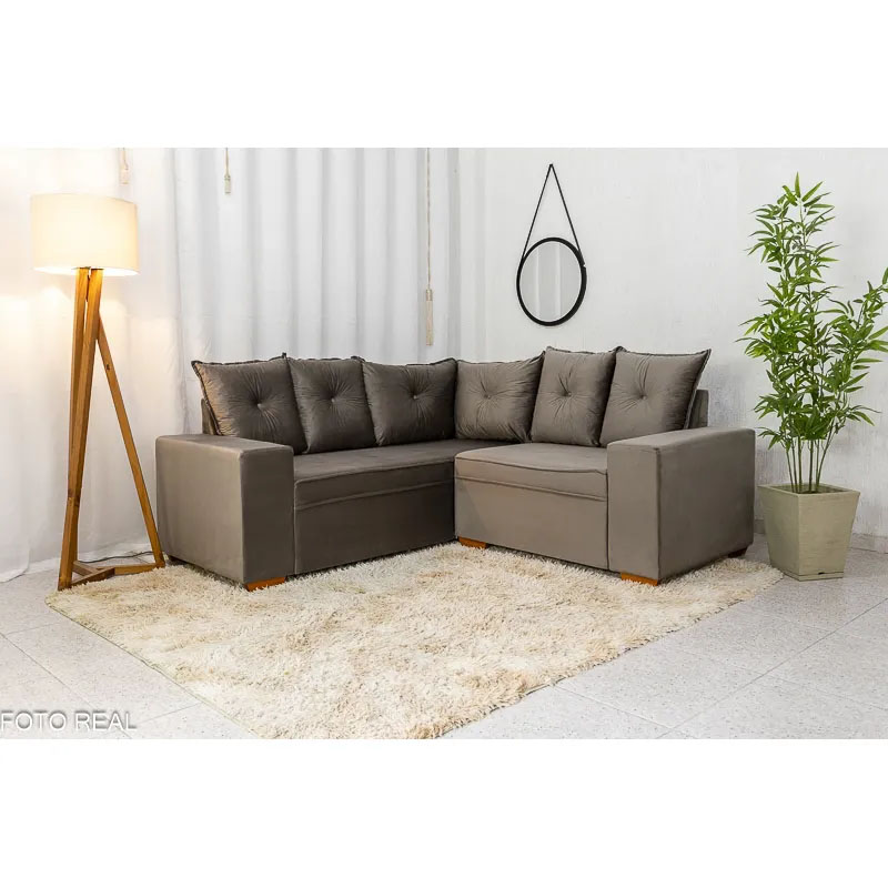 Sofá Canto 5 lugares Cuiabá Veludo Cinza 813 - Nossos Móveis