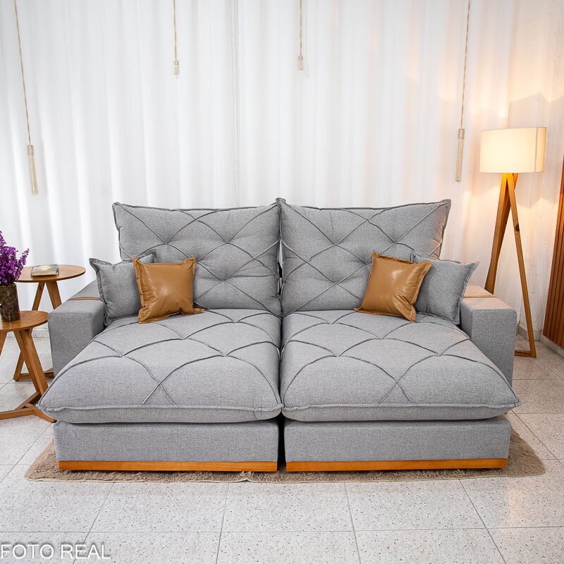 Sofá Retrátil Reclinável Malibu 2.50m Linho Cinza 1008 - D33 e Molas Ensacadas - Nossos Móveis