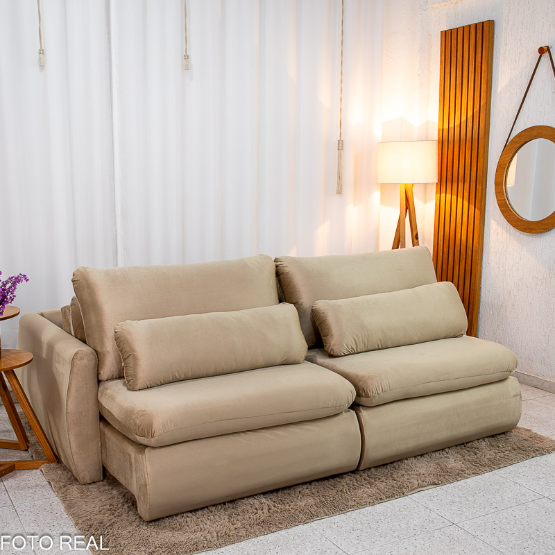 Sofá Retrátil Amaranto Premium 2.30m Veludo Bege - Sem Caixa - Nossos Móveis