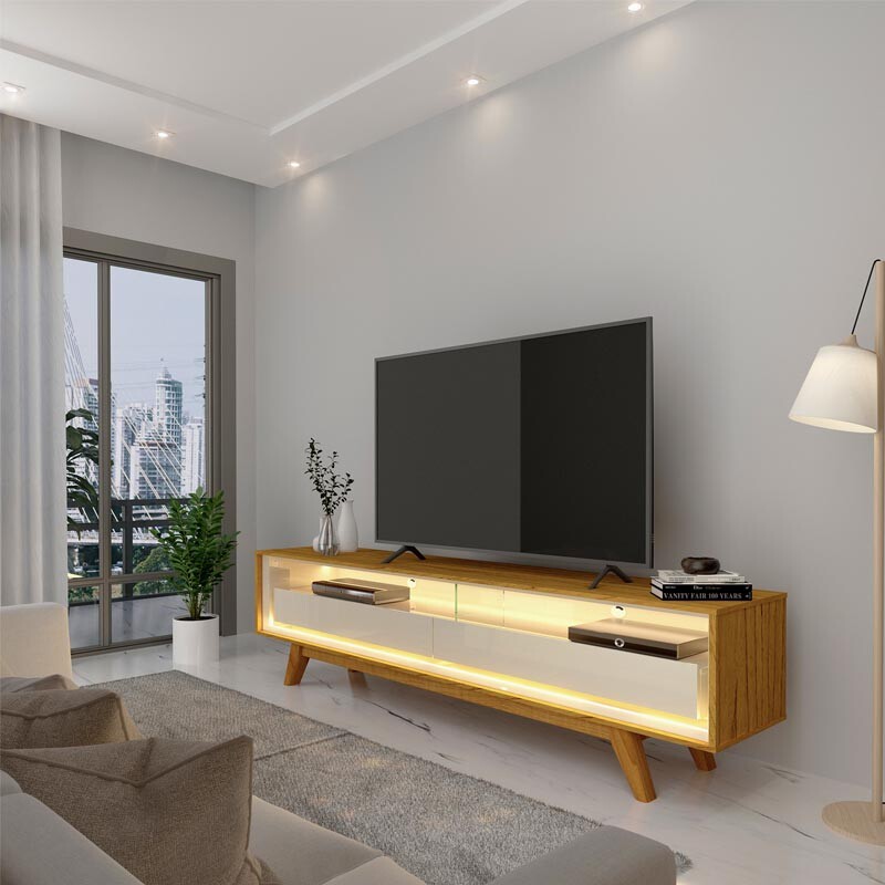 Rack Requinte Larg. 1.72m Naturale/Off C/ Led 100% MDF para TV até 65 ...