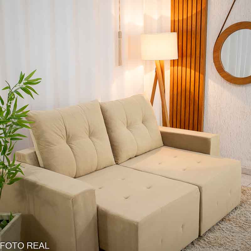 Sofá Retrátil Havaí 1.80m Veludinho Bege 10 - Sem Caixa - Nossos Móveis