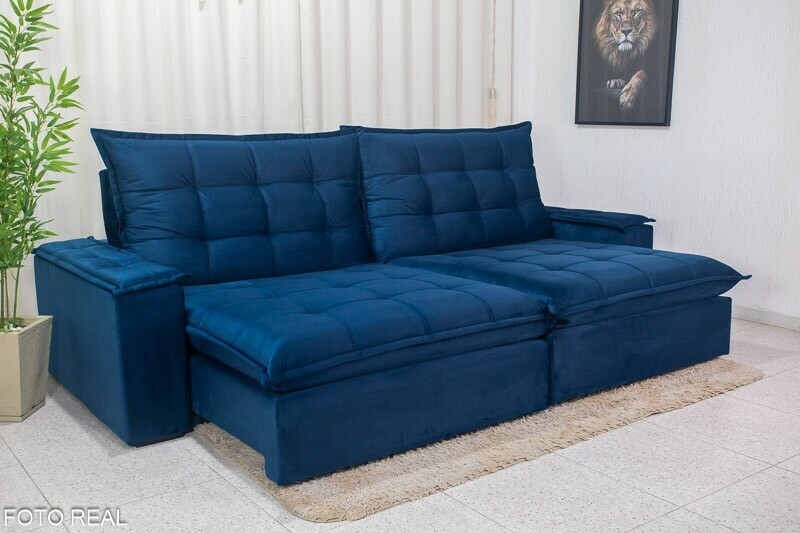 Sofá Retrátil Reclinável Atenas 2.90m Veludo Azul 800 D33 e Molas ...