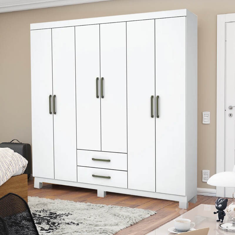 Roupeiro Solteiro Áries Branco 6 Portas 2 Gavetas C/Pés Larg. 1.53m ...