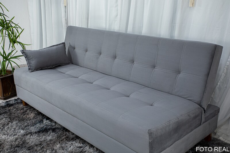 Sofá 4 lugares e Sofá Cama Casal Arpoador Veludo Cinza - Nossos Móveis