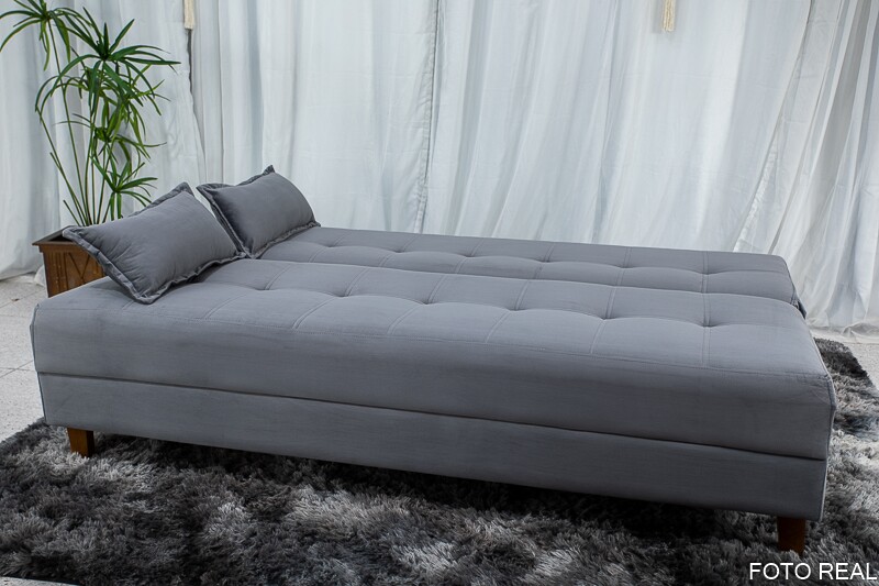 Sofá Cama Arpoador Veludo Cinza Larg. 1.85m - Nossos Móveis