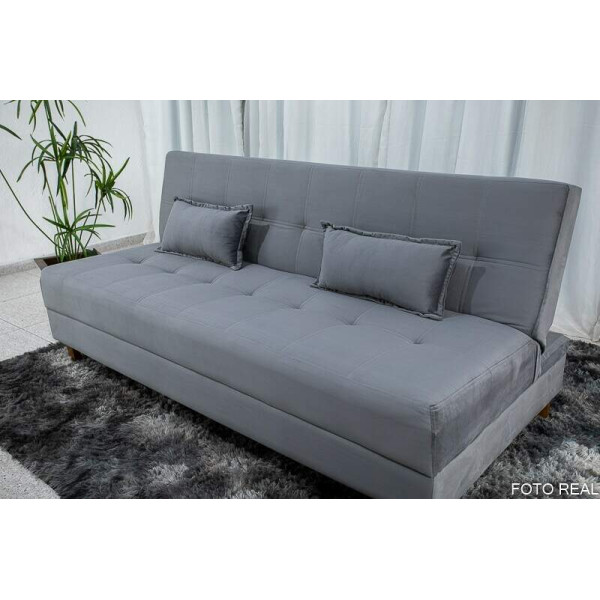 Sofá 4 lugares e Sofá Cama Casal Arpoador Veludo Cinza - Nossos Móveis