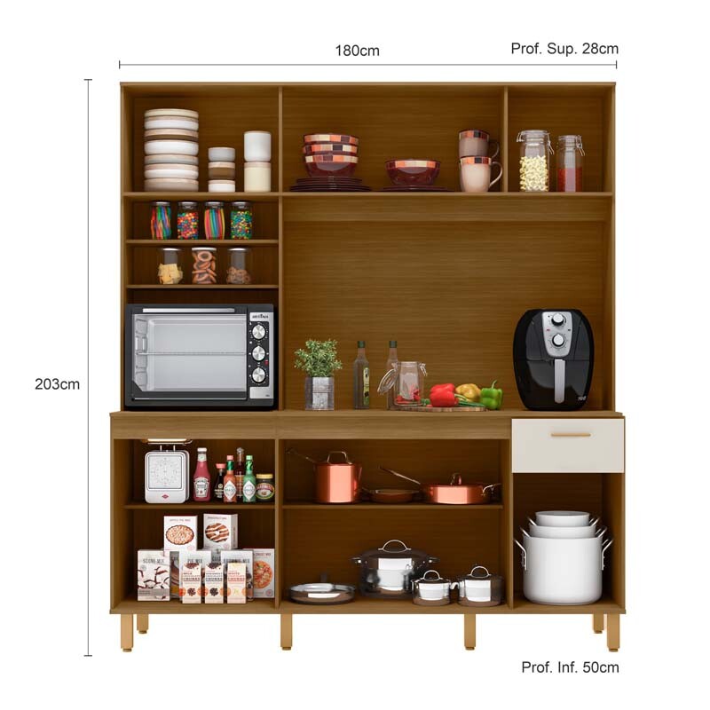 Kit Cozinha Núria Ripado 3D 9 Portas 1 Gaveta Larg. 1.80m Freijó/Off Poliman - Drika Móveis