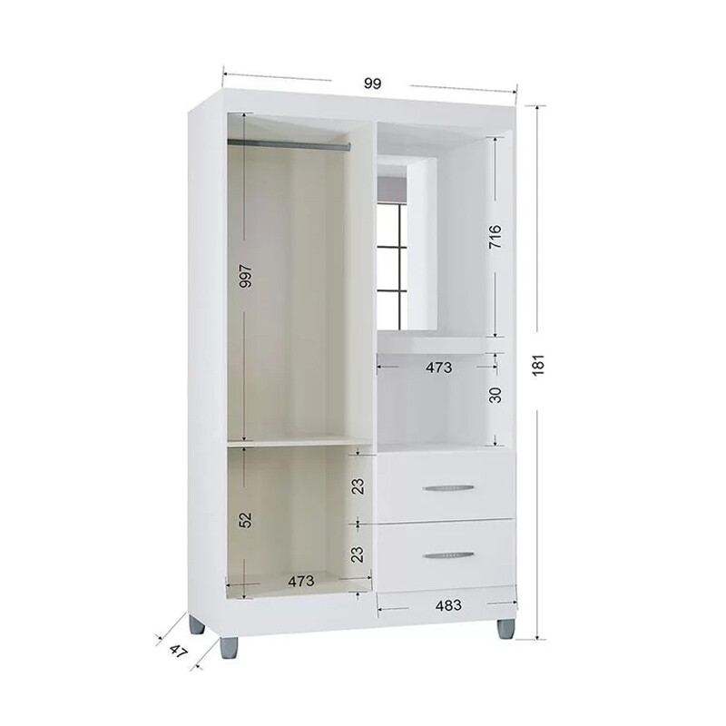 Guarda-Roupa Solteiro Cordoba Capelinha 2 Portas 2 Gavetas c/Espelho ...