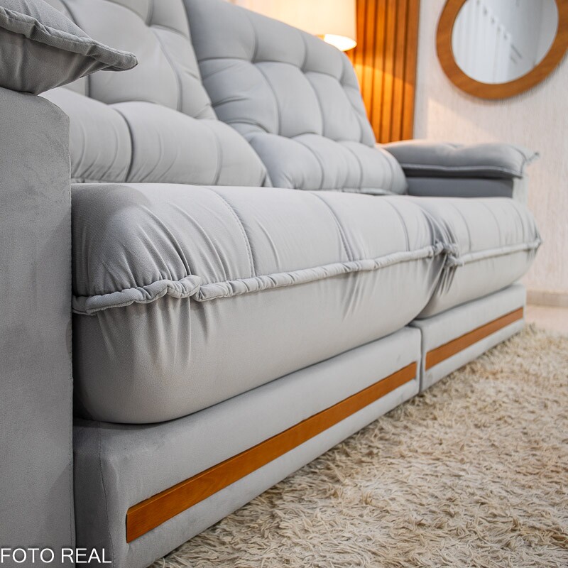 Sofá Retrátil Reclinável Barcelona 2.30m Veludo Prata 321- D28 e Molas Ensacadas - Drika Móveis