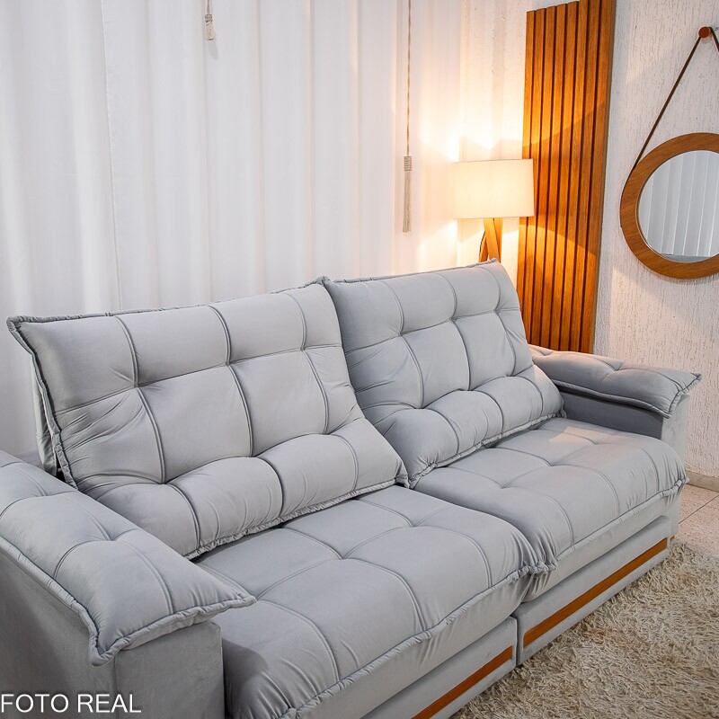 Sofá Retrátil Reclinável Barcelona 2.30m Veludo Prata 321- D28 e Molas Ensacadas - Drika Móveis