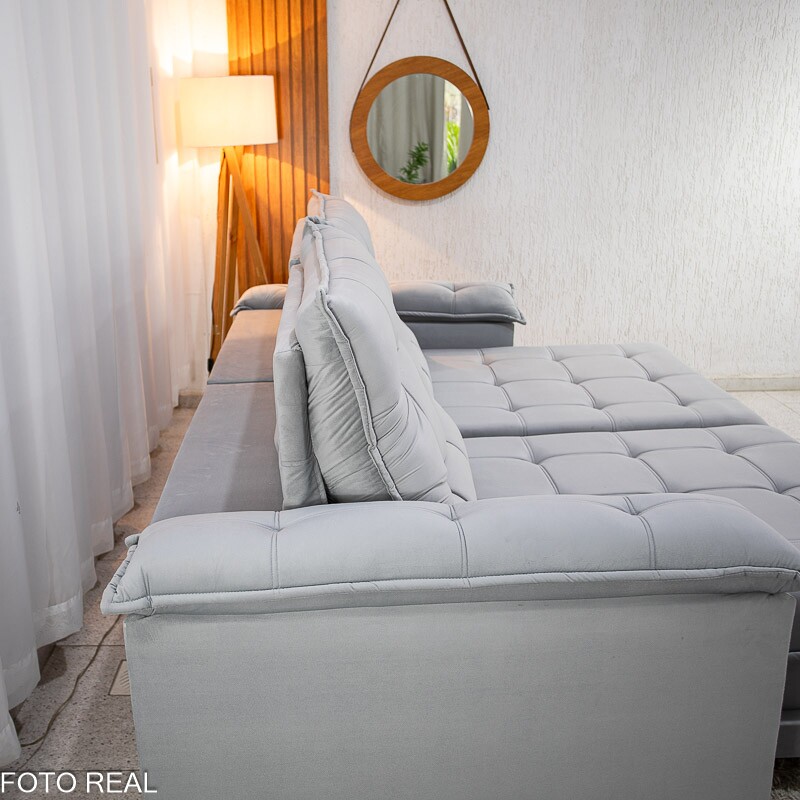 Sofá Retrátil Reclinável Barcelona 2.30m Veludo Prata 321- D28 e Molas Ensacadas - Drika Móveis