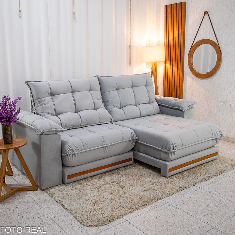 Sofá Retrátil Reclinável Barcelona 2.50m Veludo Prata 321 - D28 e Molas Ensacadas - Drika Móveis