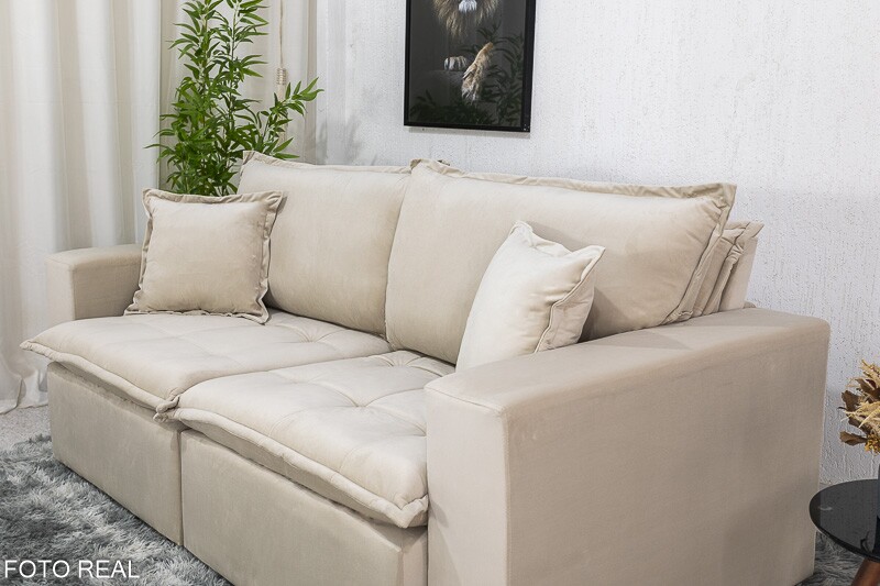 Sofá Retrátil Reclinável Rubi 2.20m Veludo Bege 01 - MV Móveis e Estofados