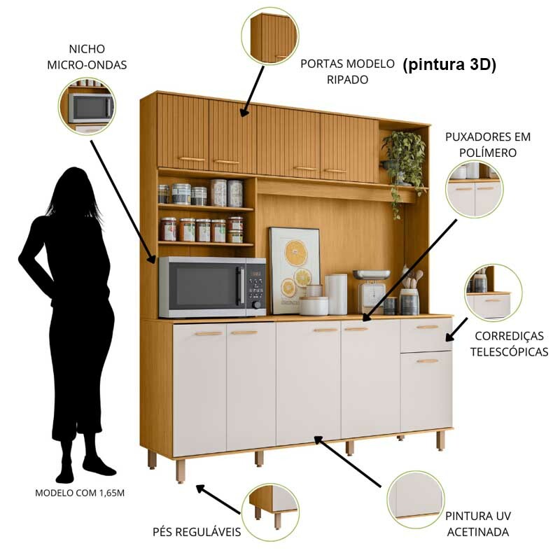 Kit Cozinha Núria Ripado 3D 9 Portas 1 Gaveta Larg. 1.80m Freijó/Off ...