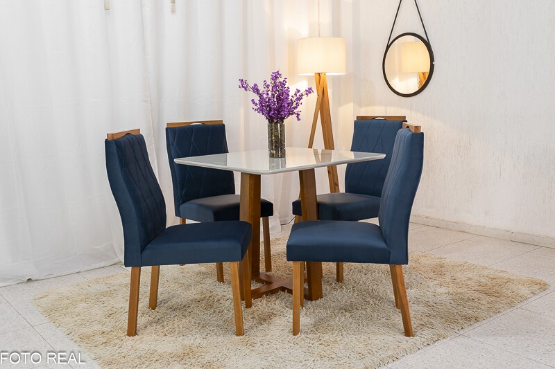 Mesa de Jantar Pedro Mel Vidro Off 90×90 4 Cadeiras Lisboa Veludo Azul ...